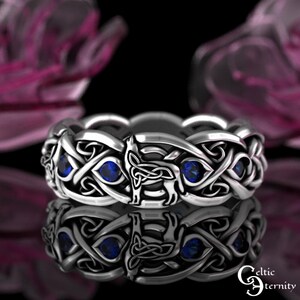 Sterling Silver Celtic Wolf Ring With Sapphires, Sapphire Eternity Band, Celtic Wolf Jewelry ...
