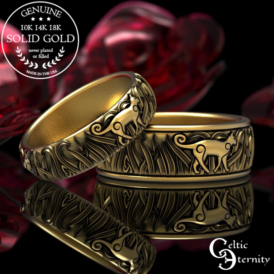 Gold Cat Wedding Ring Set, Matching Gold Cat Rings, 10K Cat Wedding ...