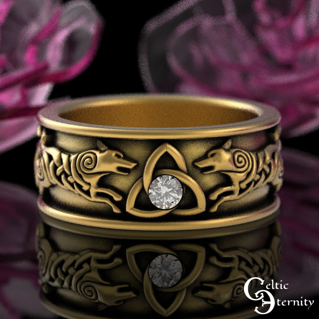 10K Gold Moissanite Wolf Ring, Mens Irish Gold Wedding Band, 14K Scottish Wolves Ring, 10K Gold ...