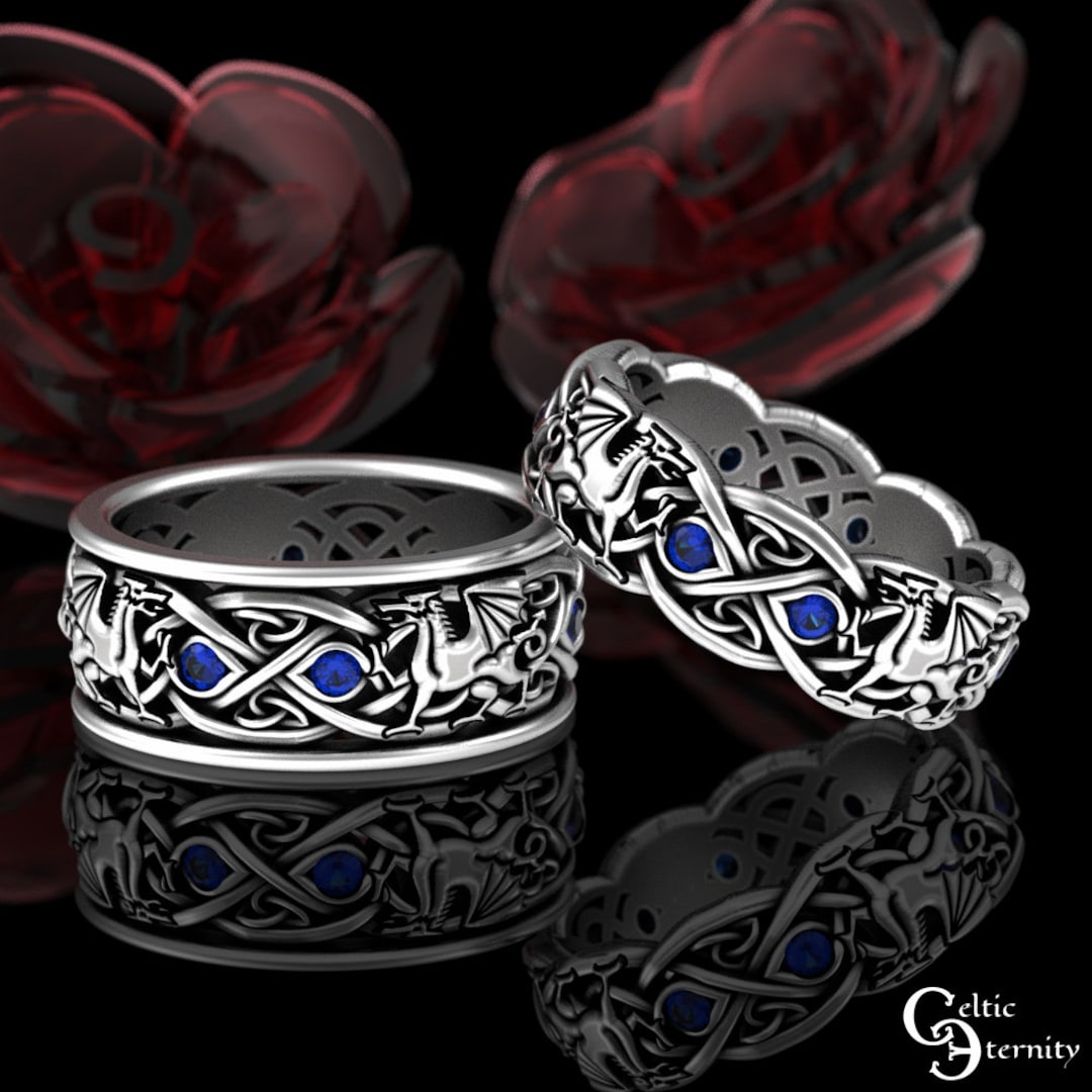 Matching Dragon Wedding Rings, Sapphire Sterling Celtic Rings, His Hers ...