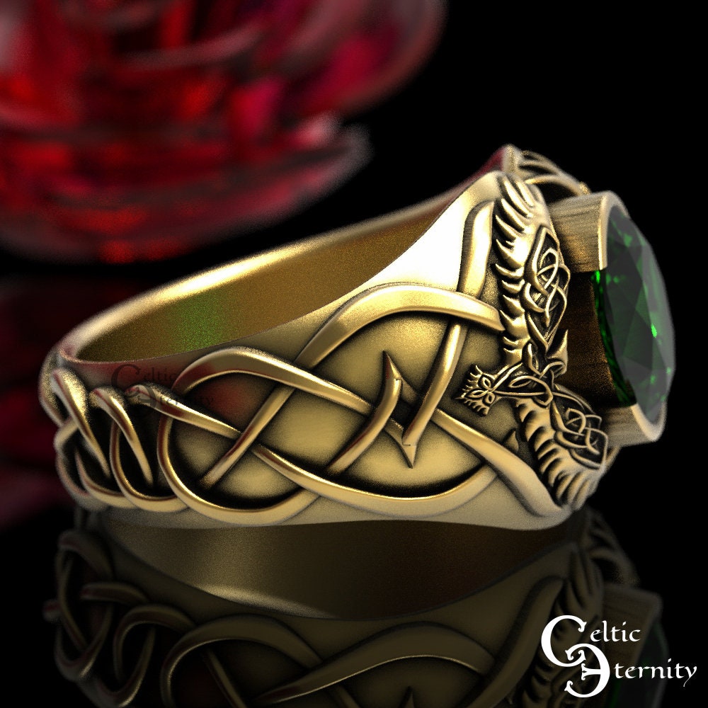 Emerald Celtic Ring, Mens Gold Raven Ring, Odin Raven Ring, Men Viking ...