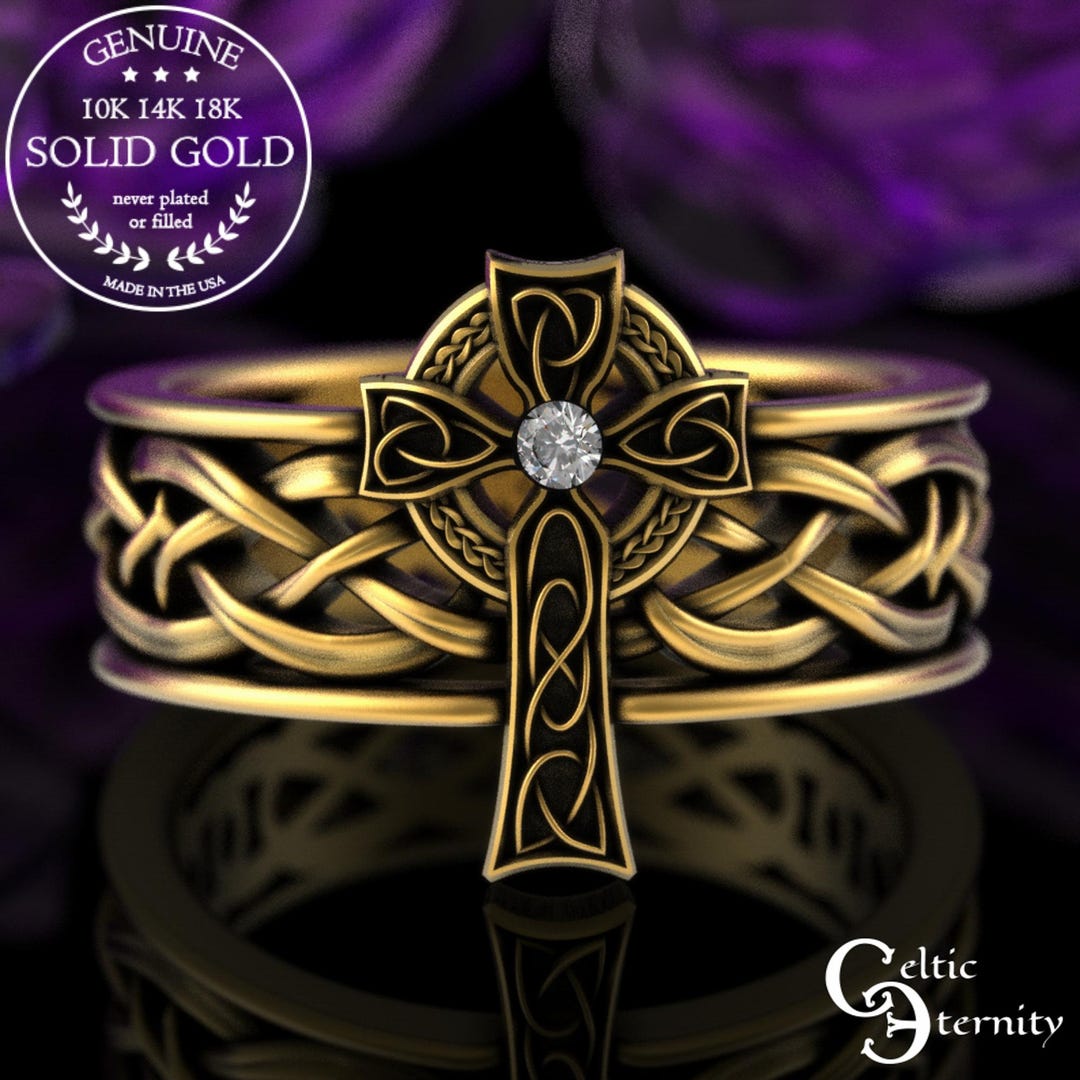 10K Celtic Gold Cross Ring, Moissanite Celtic Cross Ring, 14K Irish ...