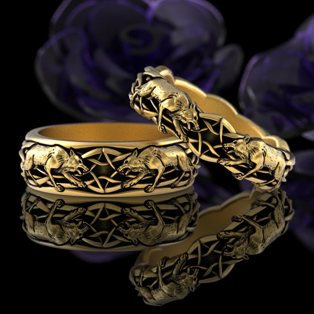 Gold Dire Wolf Rings, 14K Matching Viking Rings, Platinum Nordic Wolves ...