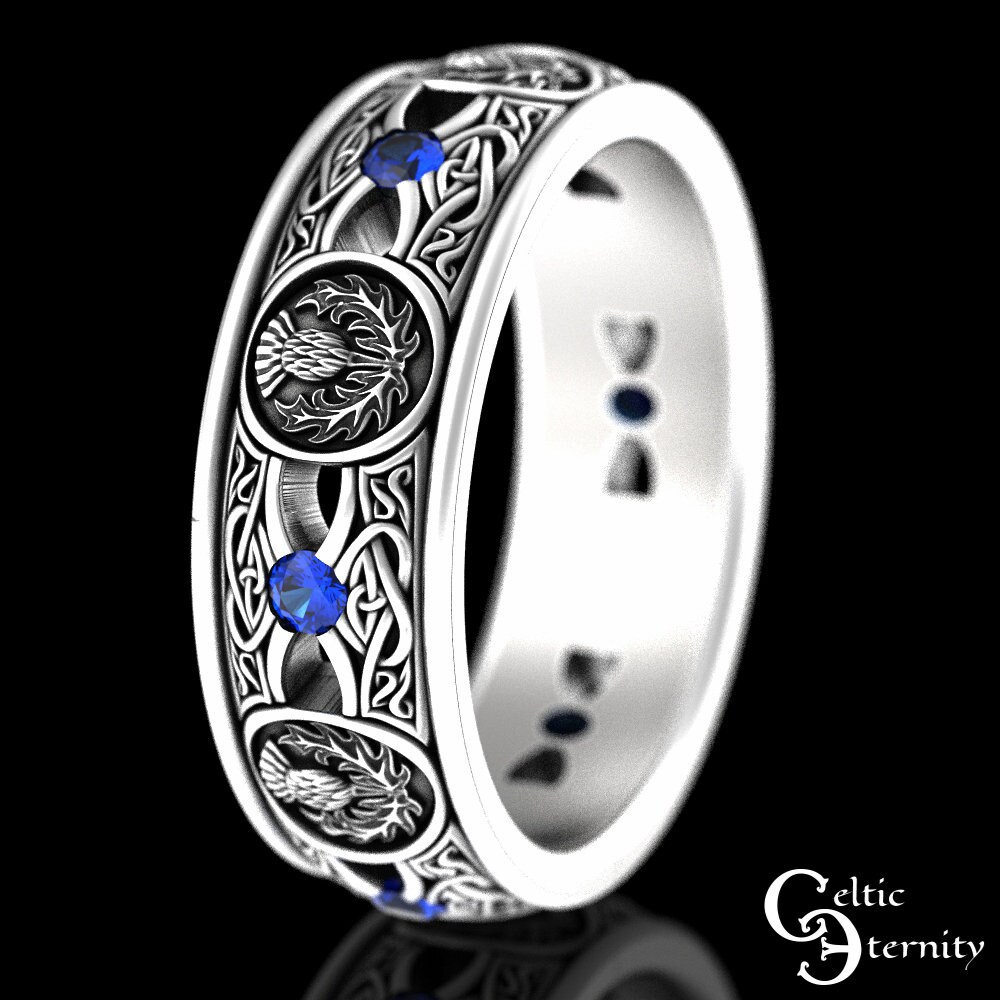 Mens Sapphire Thistle Ring, Sterling Silver Thistle Wedding Band, Scottish Man Thistle Ring ...