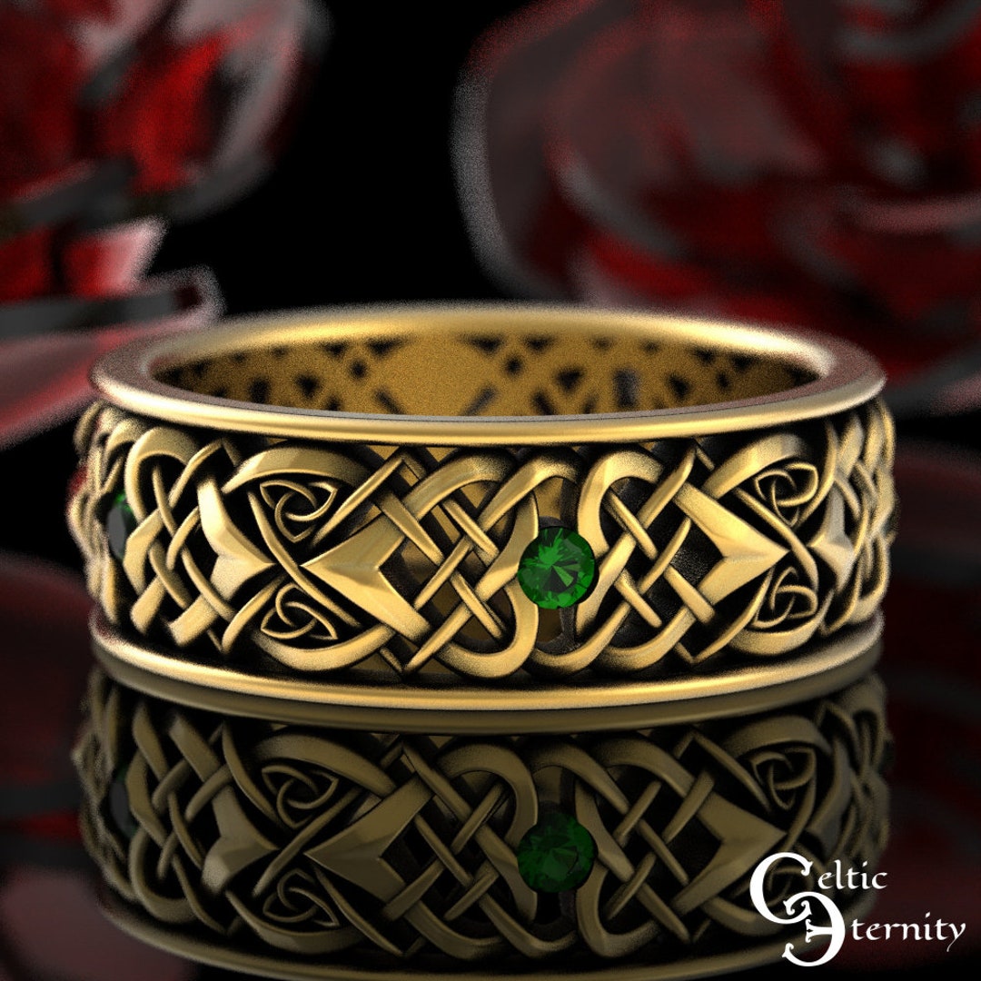 Emerald 10K Mens Celtic Wedding Ring, 14K Celtic Mens Wedding Band, 18K Celtic Mens Ring, Gold ...