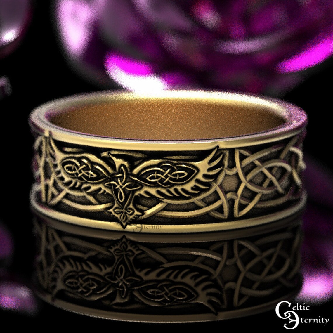 Gold Celtic Raven Ring Raven Wedding Band Mens Wedding Band | Etsy