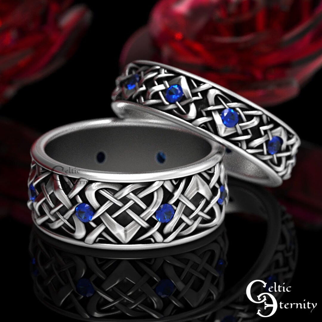 Passende keltische Eheringe, Sterling Silber & Saphir Eheringe Set, His ...