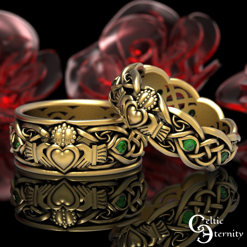 Gold Claddagh Ring with Emeralds, Modern Claddagh Wedding Ring, Celtic ...