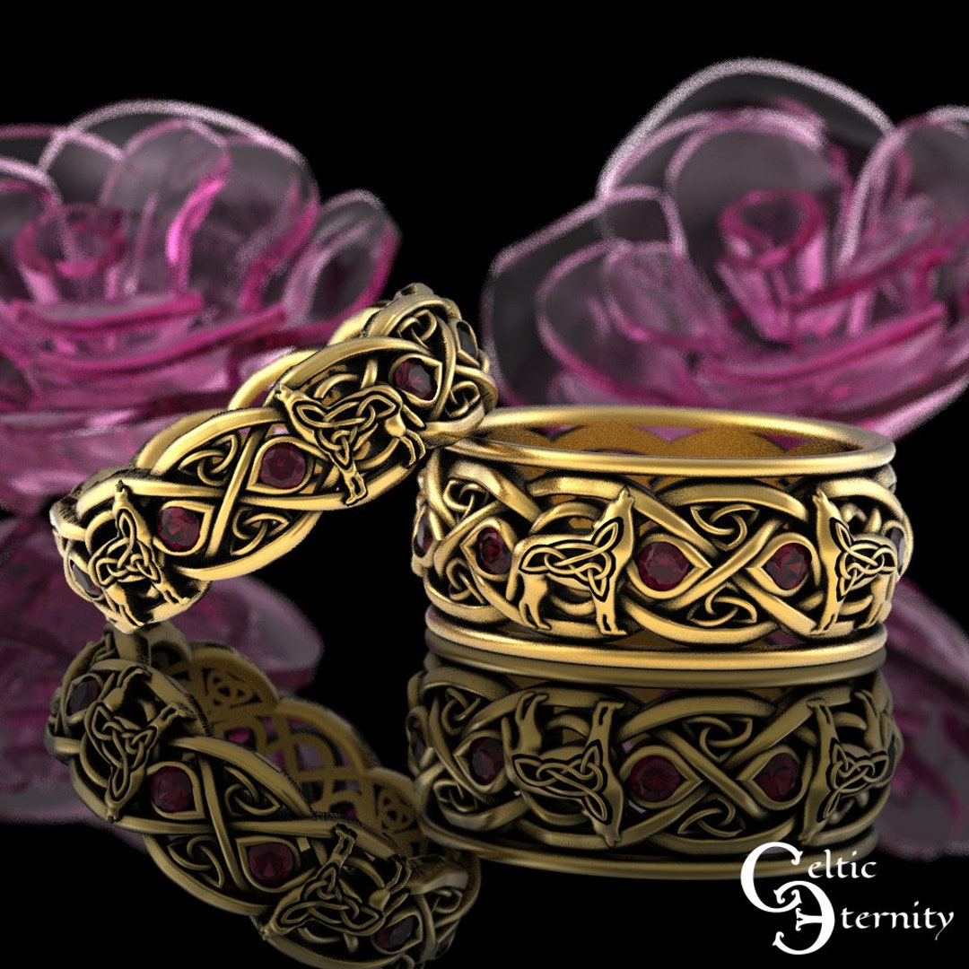 Matching Ruby Gold Wolf Wedding Ring Set, 10K 14K Viking Wolves Rings, Gold Norse Wolf Wedding ...