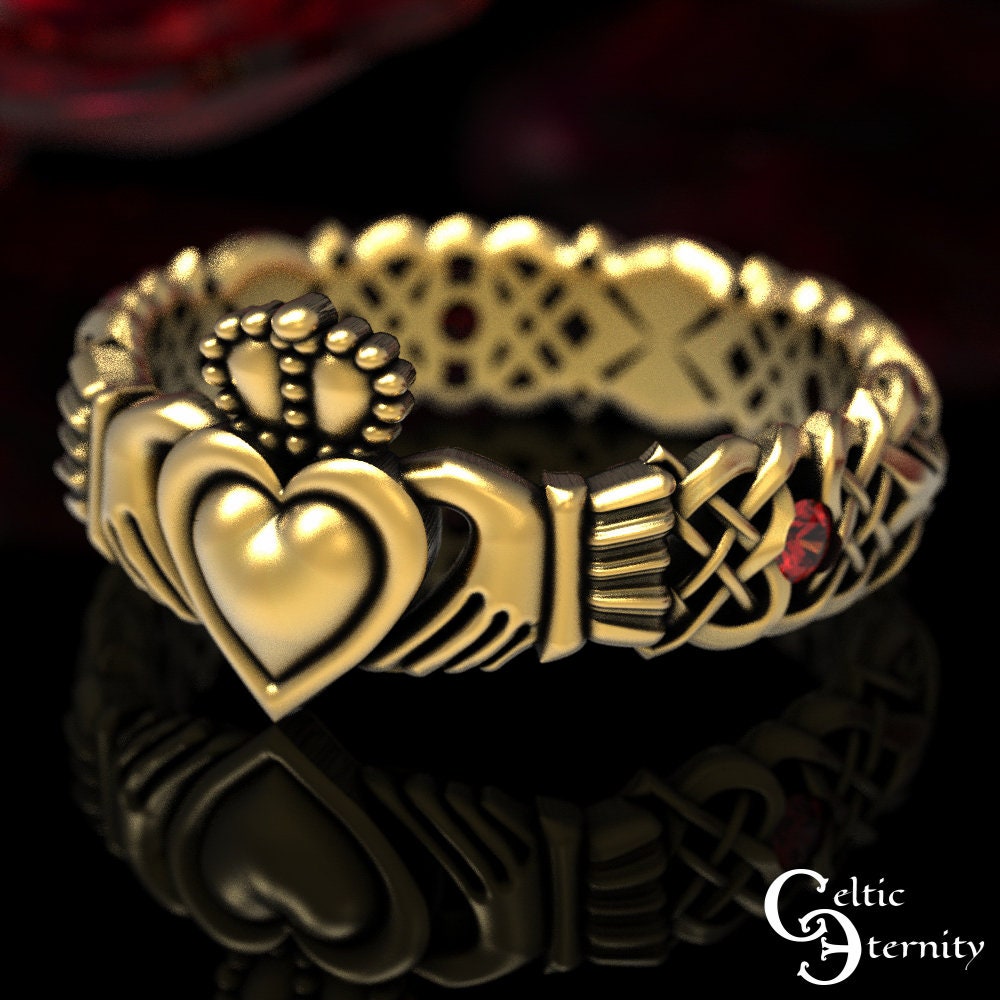Gold Claddagh Ring, Ruby Heart Wedding Ring, Celtic Gold Wedding Band ...