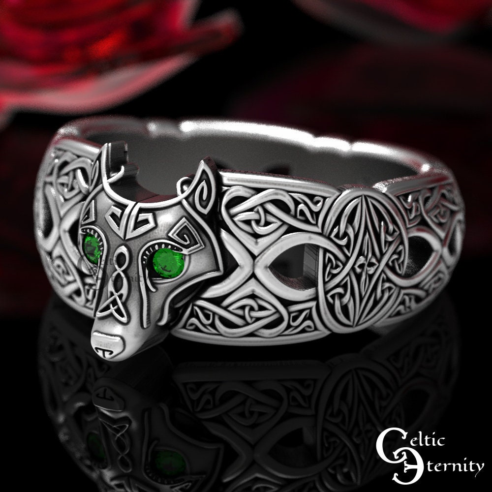 Celtic Wolf Ring Emerald Eye Wolf Ring Sterling Wolf Ring | Etsy