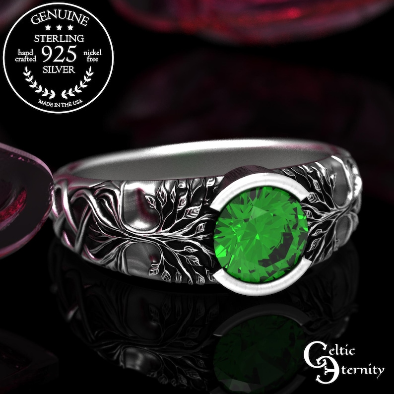 Emerald Tree of Life Engagement, Sterling Sapphire Celtic Tree Ring ...