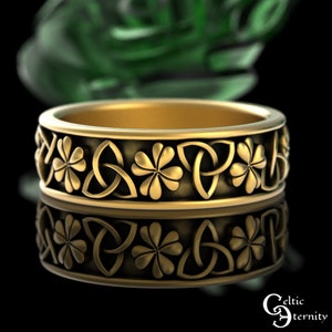Mens Gold 4 Leaf Clover & Irish Trinity Ring, 14K Celtic Clover Wedding ...