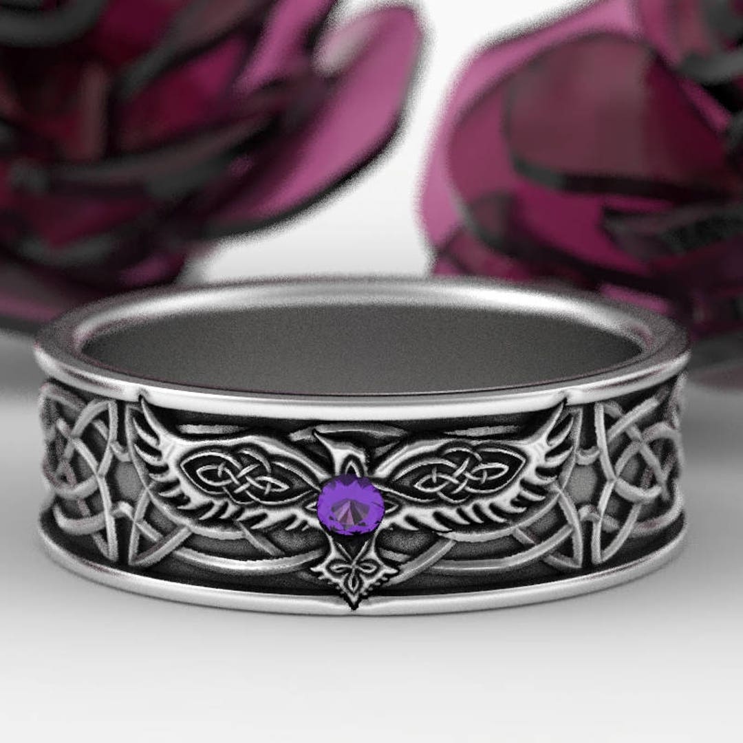 Sterling Silver Raven Ring Amethyst Silver Ring Mens Celtic - Etsy