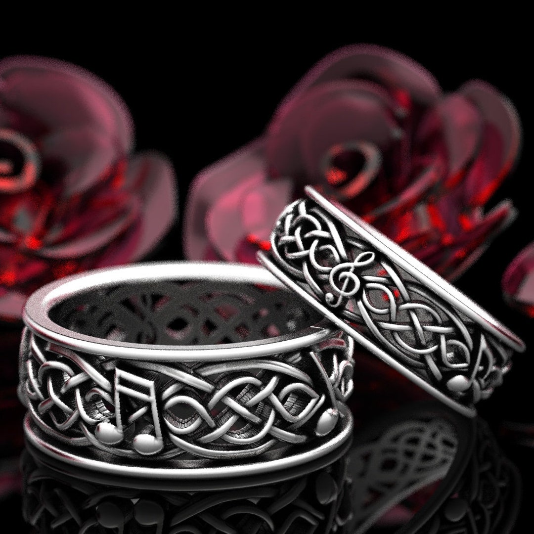 Musical Celtic Wedding Ring Set, Harmony Symbol Pattern in Sterling ...