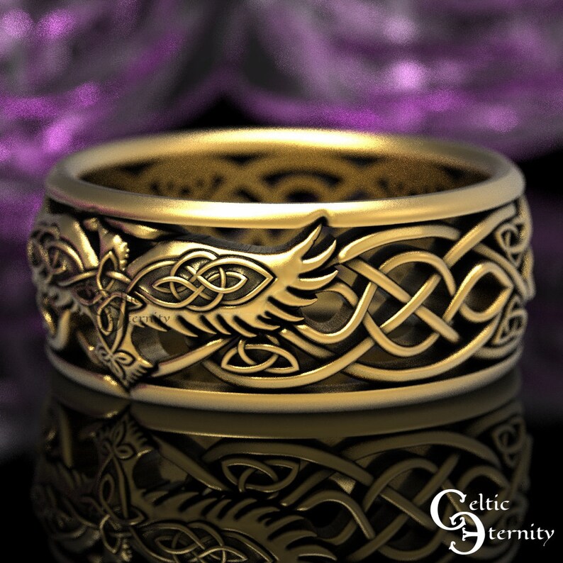 Gold Celtic Raven Ring Raven Wedding Band Mens Wedding Band | Etsy