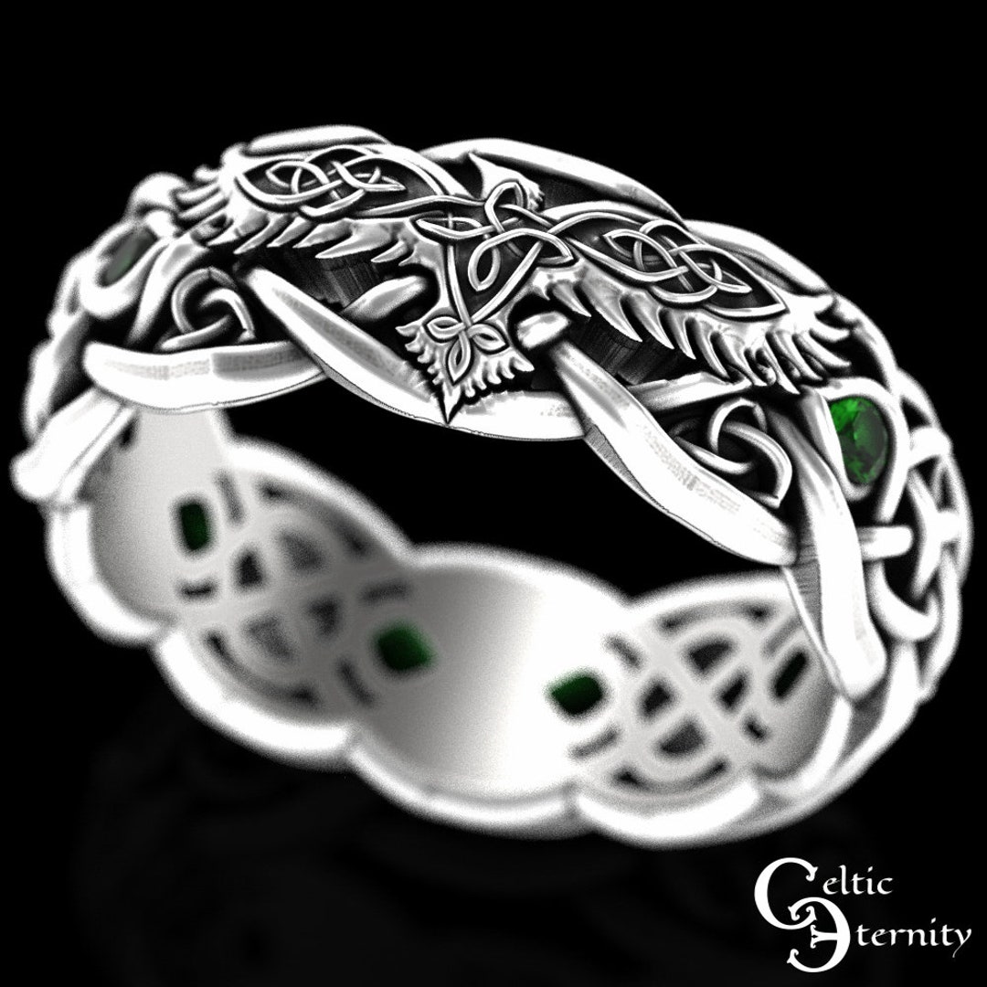 Sterling Emerald Raven Wedding Ring, Womens Viking Ring, Viking Raven ...