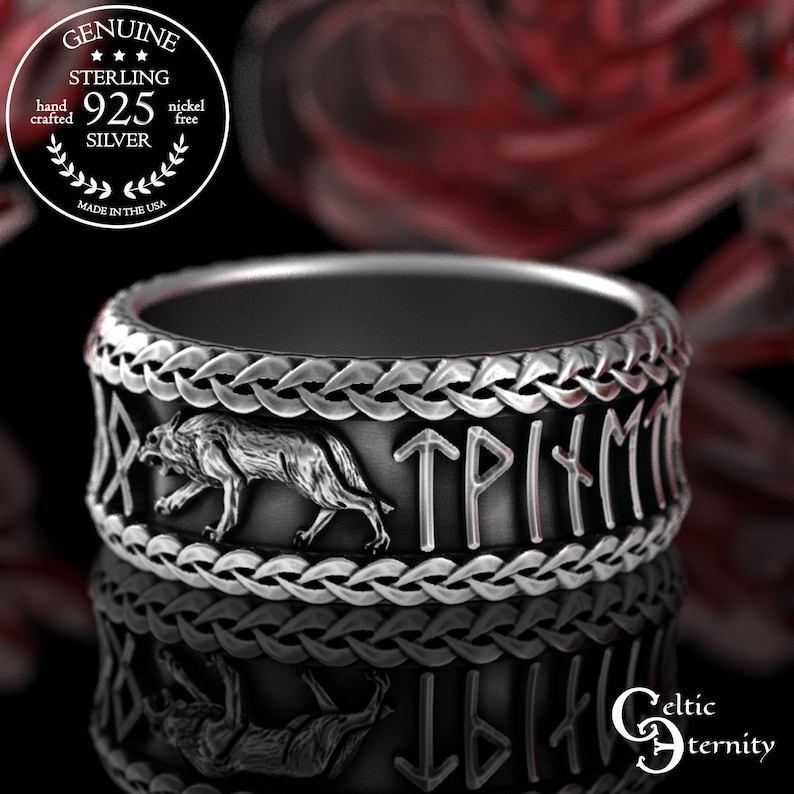 Sterling Viking Wolf With Runes Ring, Mens Wide Norse Wedding Ring ...