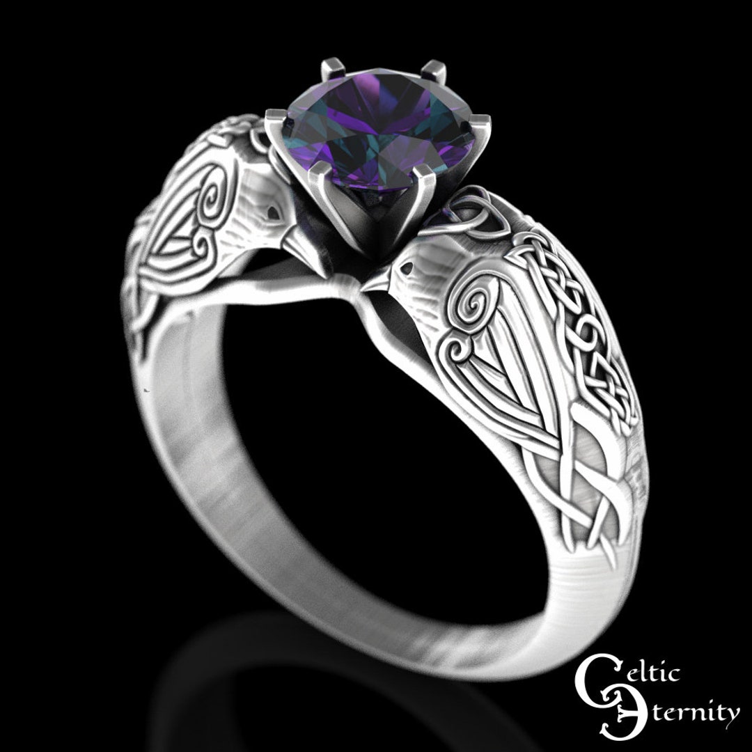White Gold Raven Engagement Ring, 10K Alexandrite Viking Engagement ...