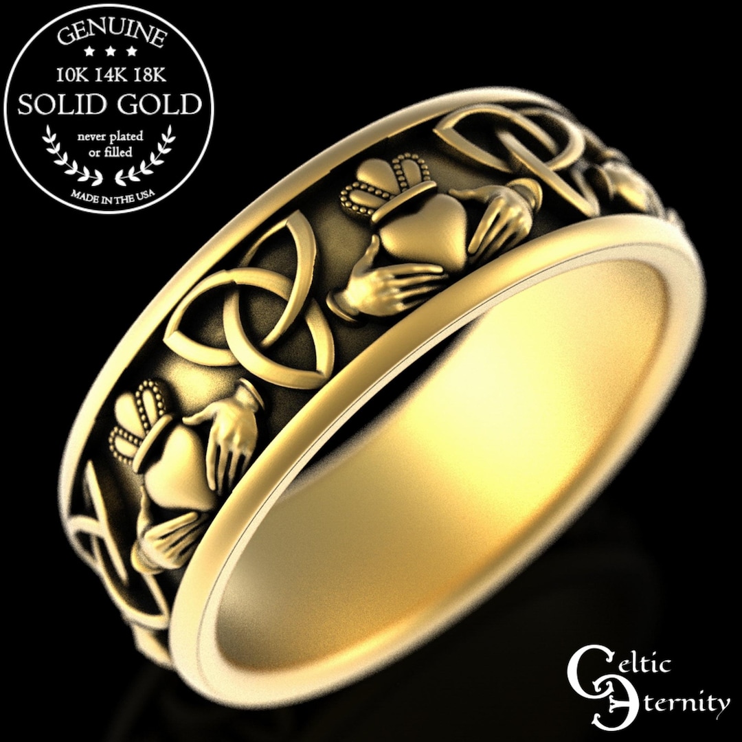 Gold Traditional Celtic Claddagh Ring, 10K 14K Claddagh Trinity Ring ...