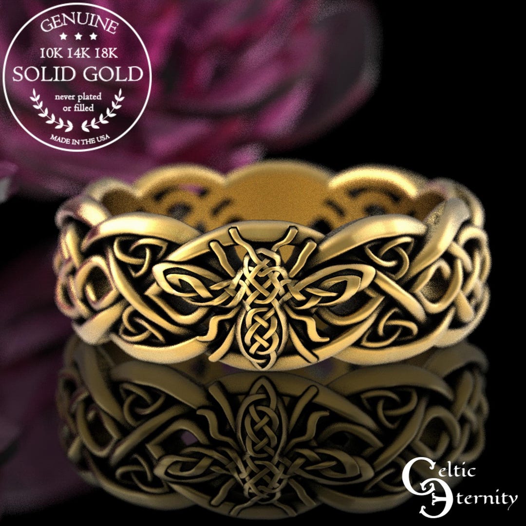 10K Gold Bee Ring, 14K Celtic Bee Ring, Gold Honeybee Ring, Queen Bee ...