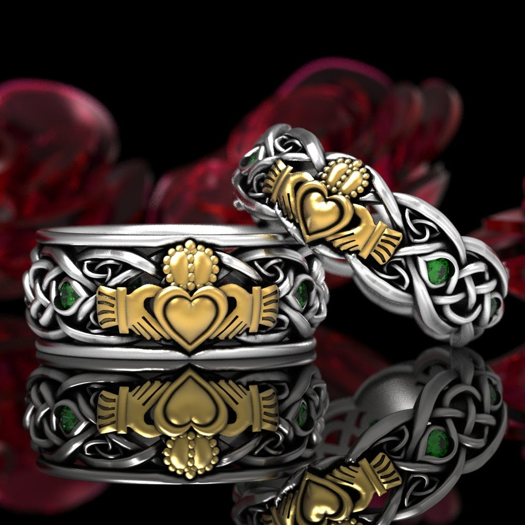 His Hers Claddagh Ring Set Emeralds, Silver & 10K Gold Claddagh Wedding ...