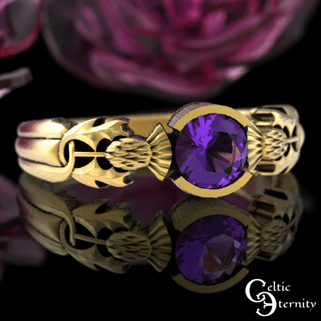 Gold Thistle Engagement Ring, 10K Amethyst Wedding Ring, 14K Scottish Engagement Ring, 18K ...