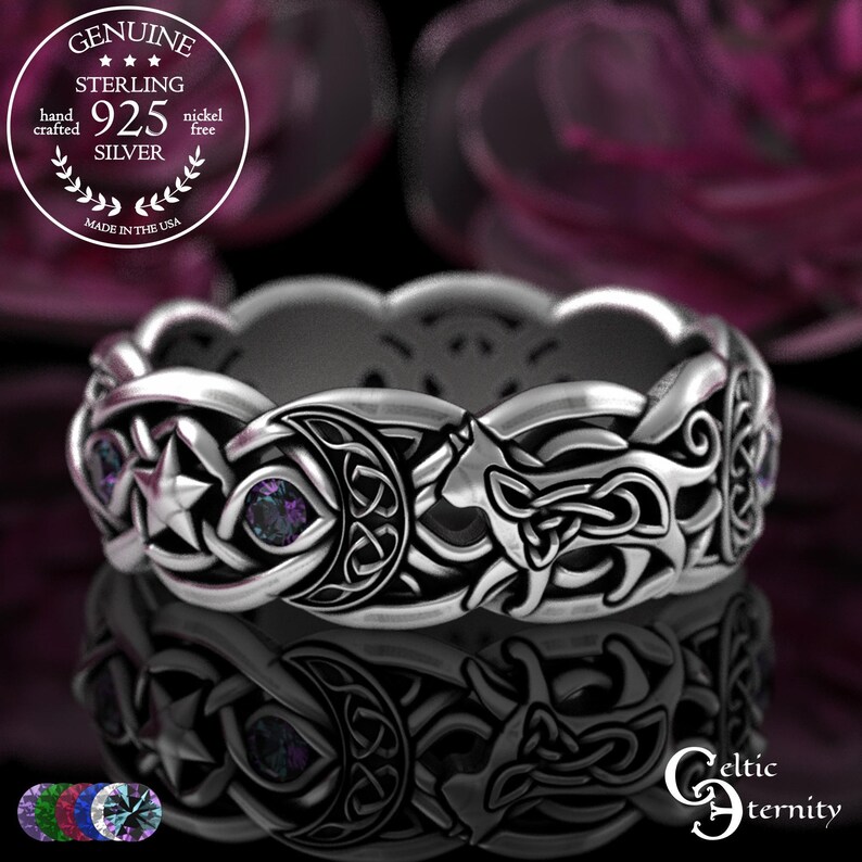 Magical Celtic Cat & Crescent Moon Ring, Sterling Alexandrite Stars ...