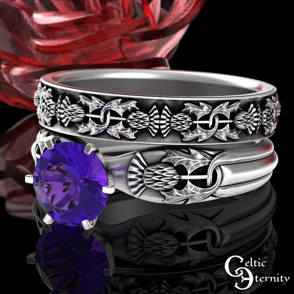 Scottish Thistle Engagement Ring Set, Amethyst Thistle Ring, Sterling ...