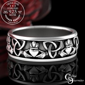 Silver Claddagh Celtic Ring, Scottish Heart Trinity Ring, Sterling Irish Wedding Ring, Mens ...