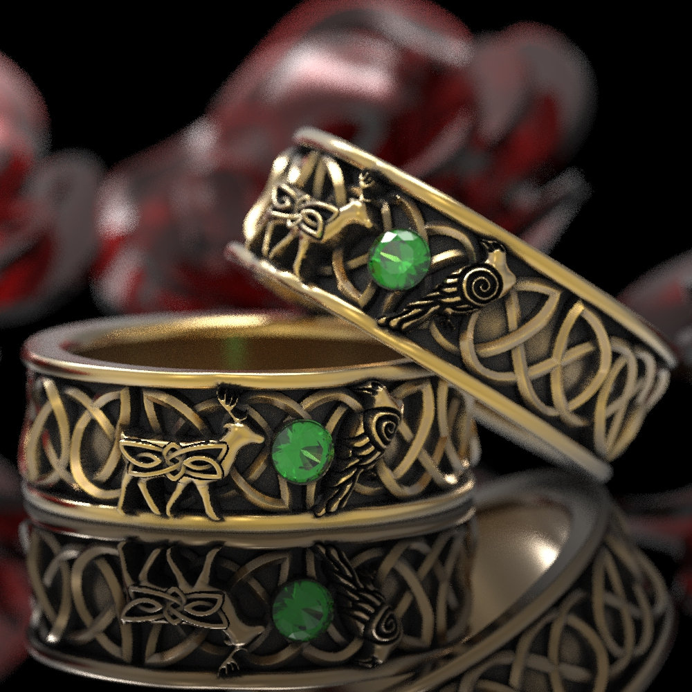 RESERVED FOR Andrew Set of Two Gold Celtic Raven and Stag Rings in 10k ...