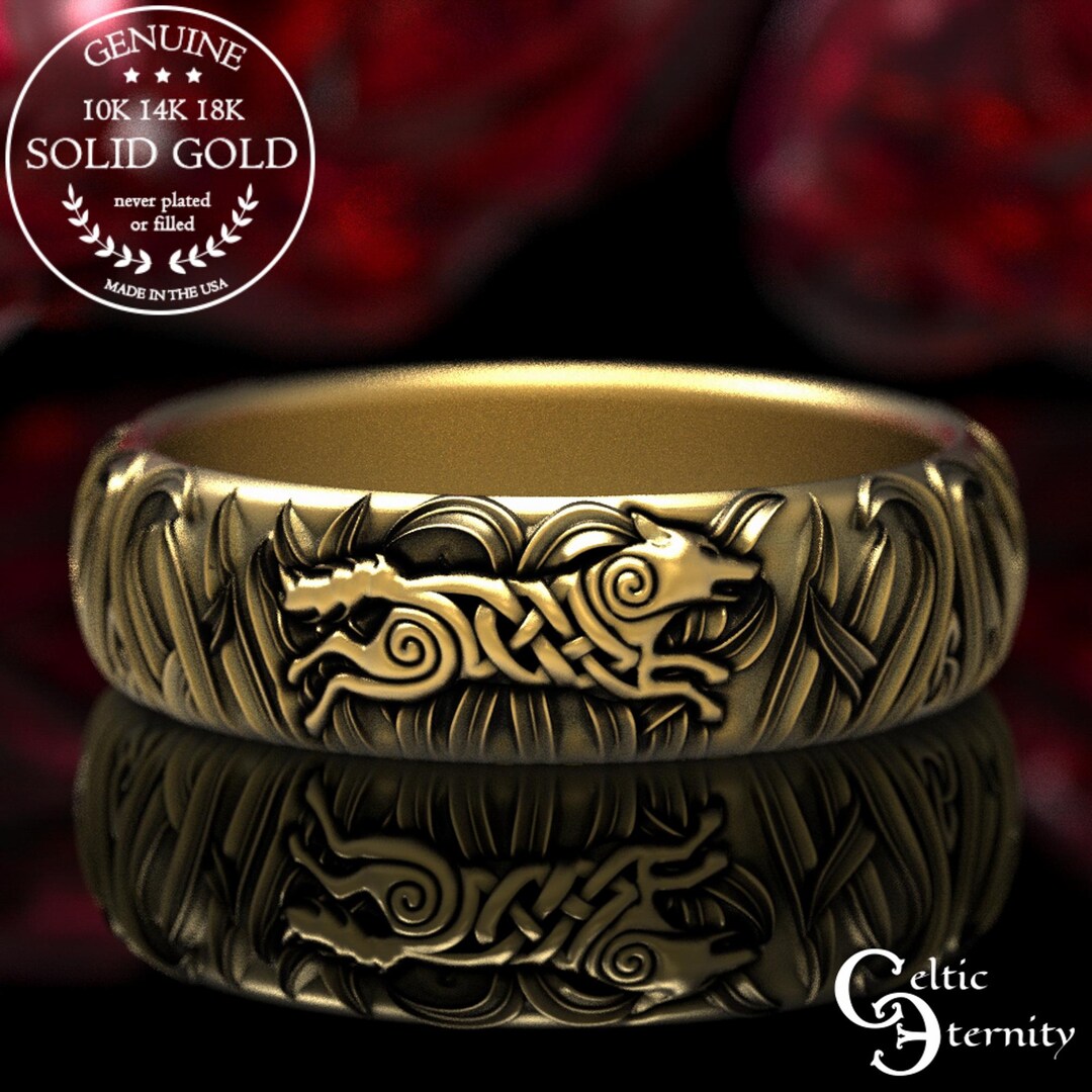 Gold Celtic Wolf Ring, Womens Wolf Wedding Ring, 10K Wolf Wedding Band ...