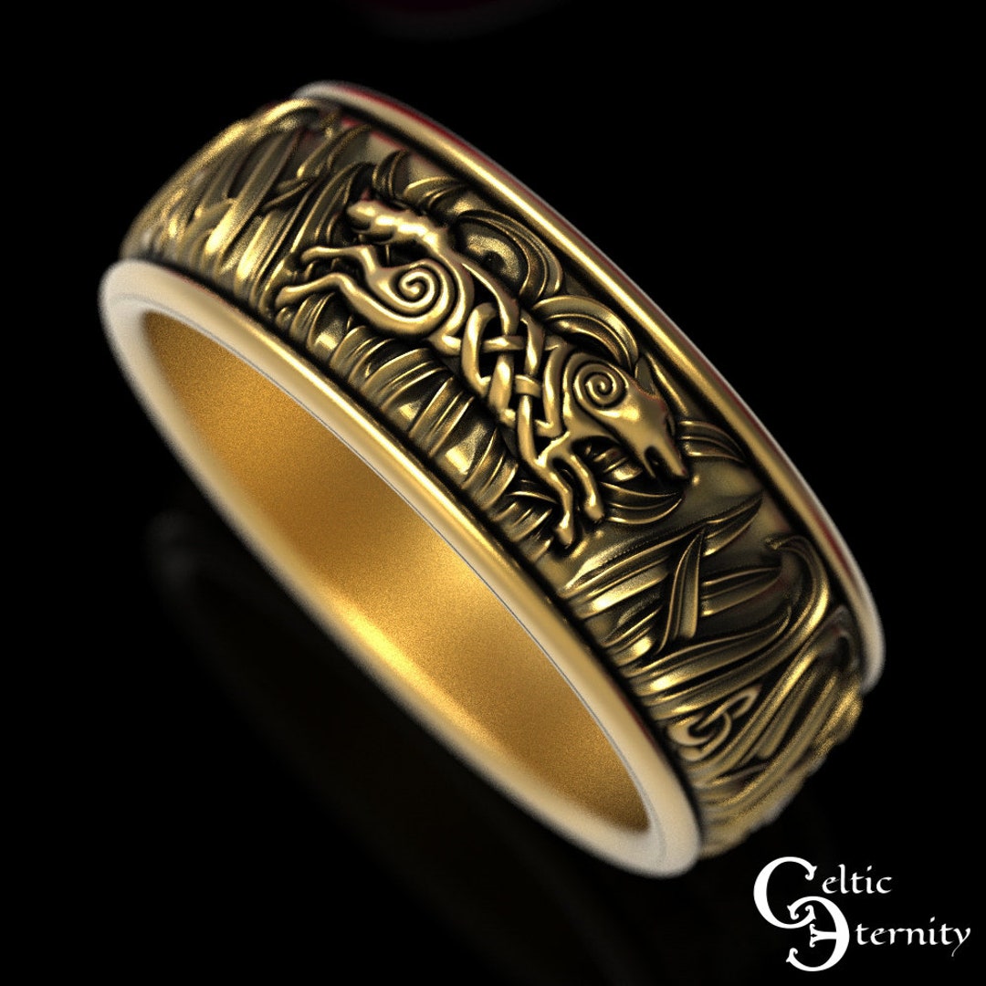 Mens Gold Wolf Ring, Mens Celtic Wolf Wedding Band, 14K Celtic Wolf ...