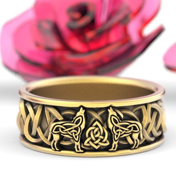 Gold Celtic Wolf Ring Wolf Wedding Band Celtic Animal Ring | Etsy Hong Kong