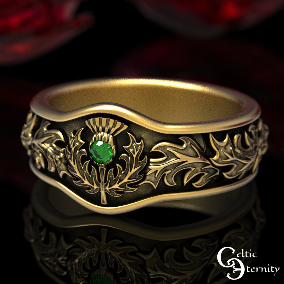 Scottish Thistle Ring, Emerald & Gold Wedding Band, Gold Thistle Ring ...