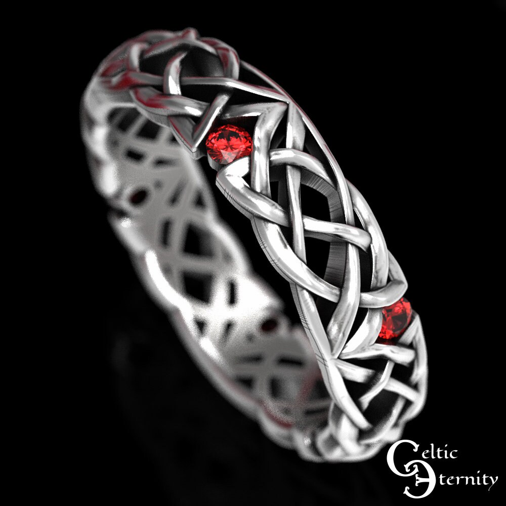 Ruby Celtic Wedding Band, Narrow Wedding Ring, Sterling Celtic Wedding ...