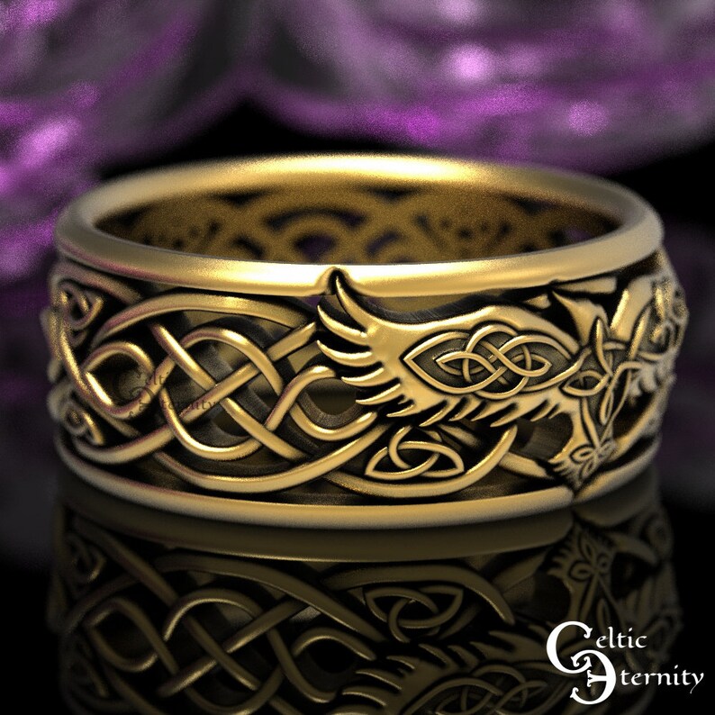Gold Celtic Raven Ring Raven Wedding Band Mens Wedding Band | Etsy
