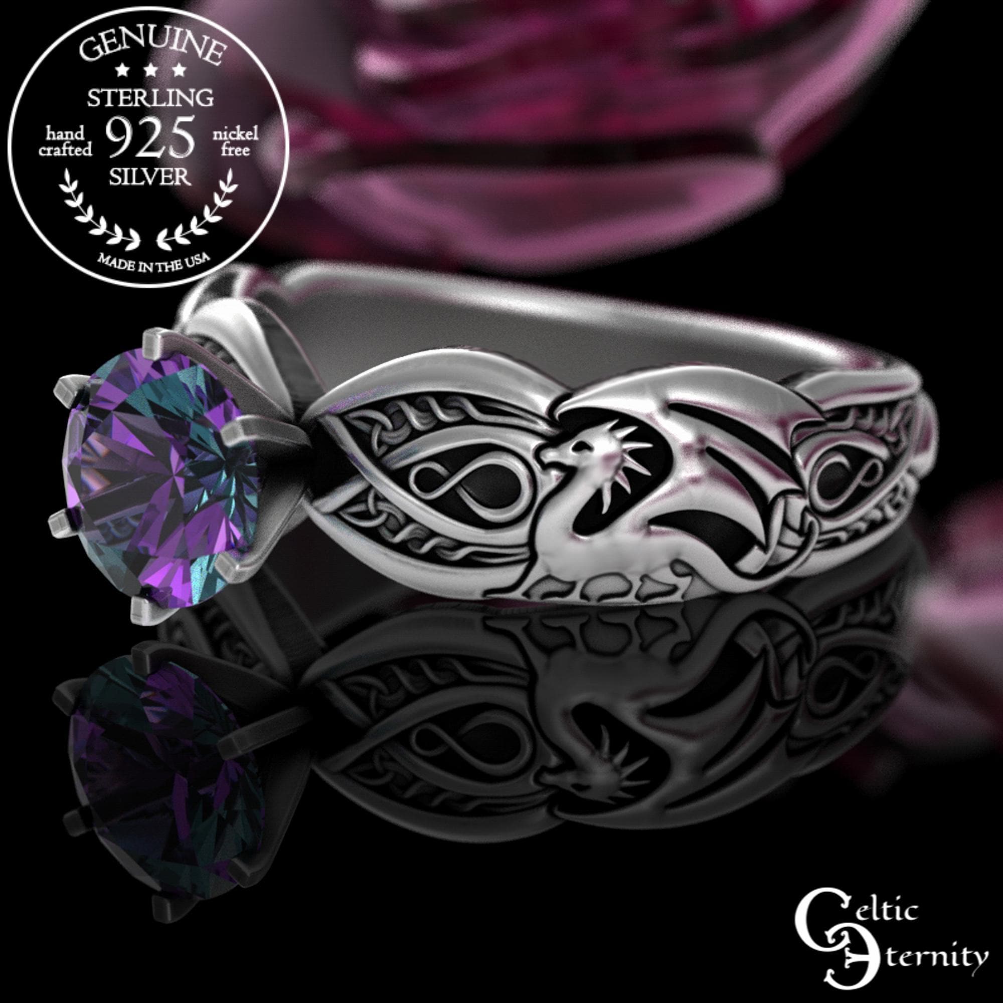 Alexandrite Dragons Solitaire Ring Sterling Dragon Engagement Ring Womens Alexandrite Bridal Ring Silver Celtic Dragon Wedding Ring 3185