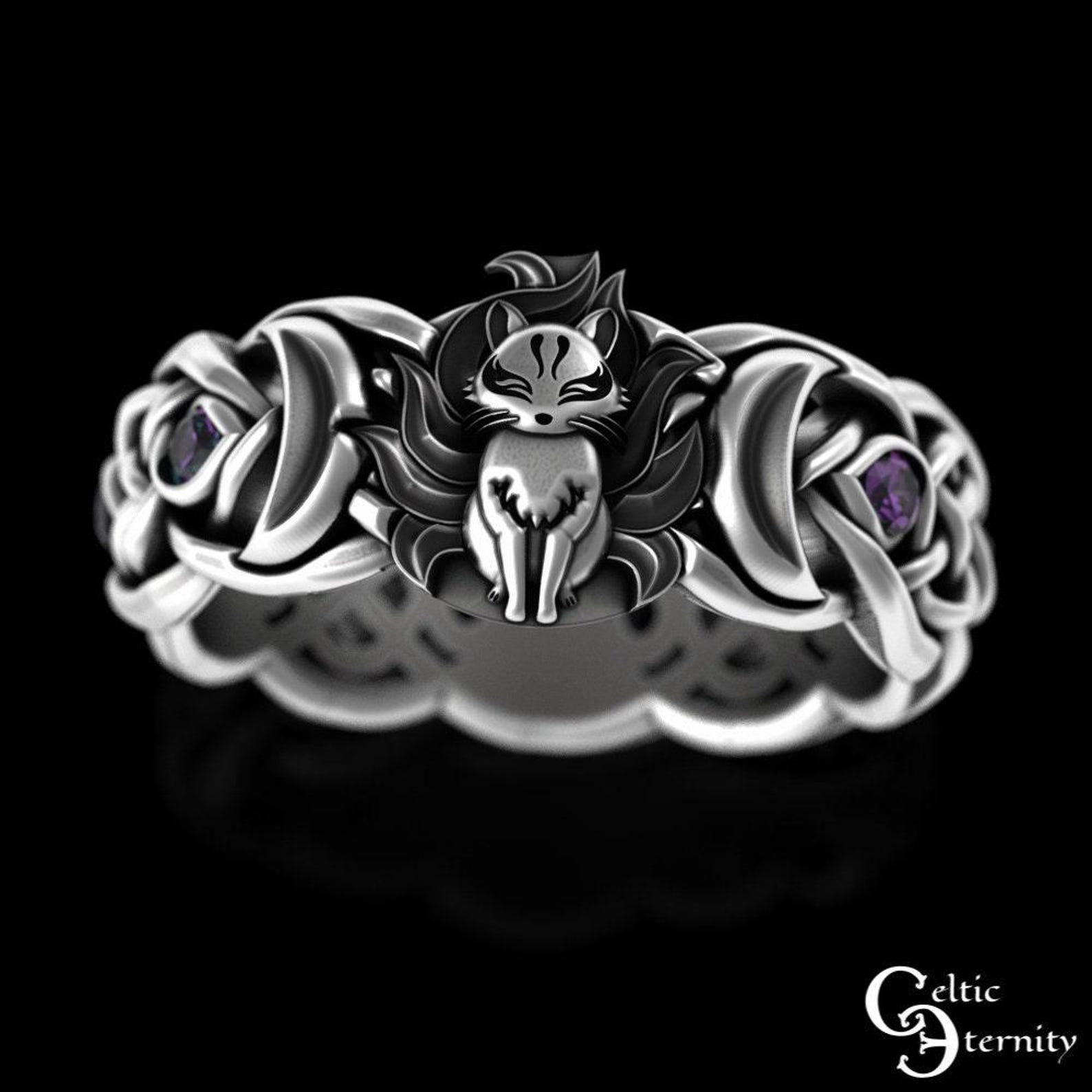 Alexandrite Fox & Moons Wedding Band, Sterling Nine Tailed Fox Ring ...