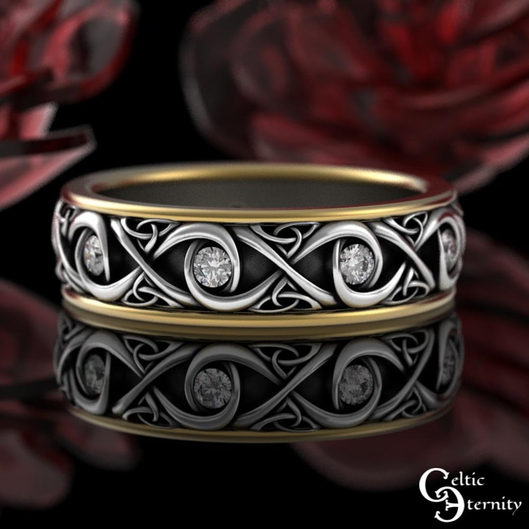 Celtic Knotwork 2-tone Sterling + Gold Ring, Silver 10K Groom Trinity ...