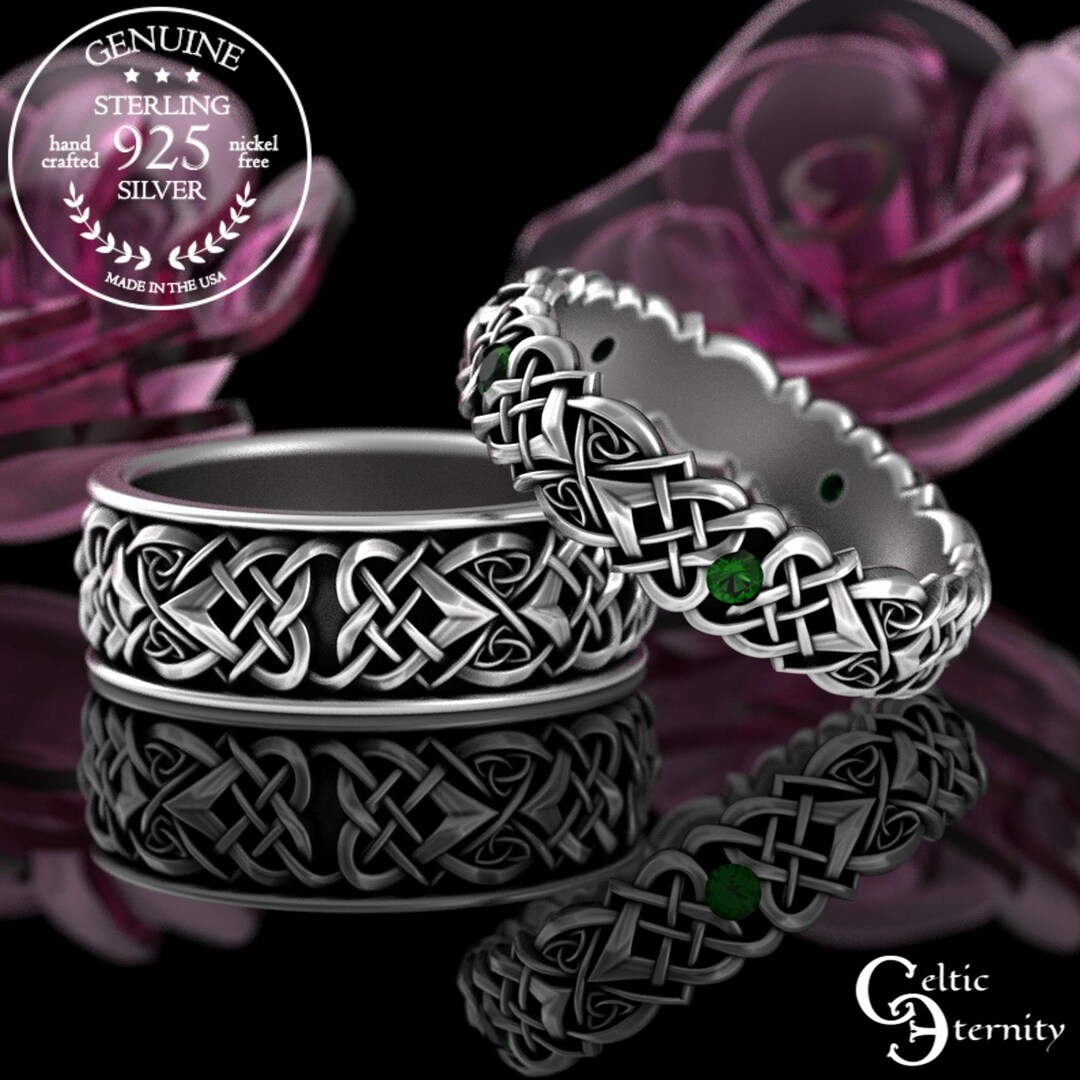 His & Hers Celtic Ring Set, Matching Celtic Heart Knot Emerald Ring Set ...