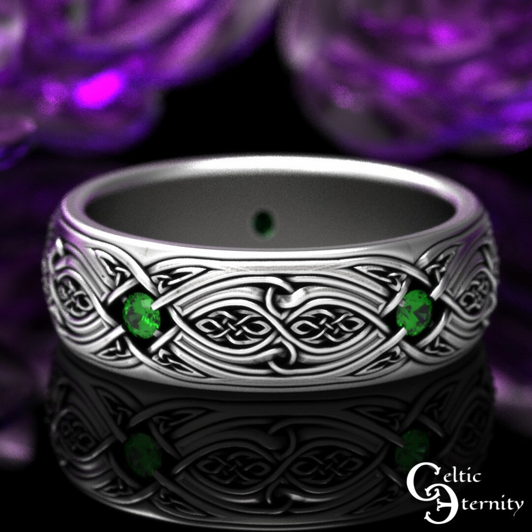 Mens Classic Irish Ring, Emerald Celtic Wedding Band, Woven Sterling ...