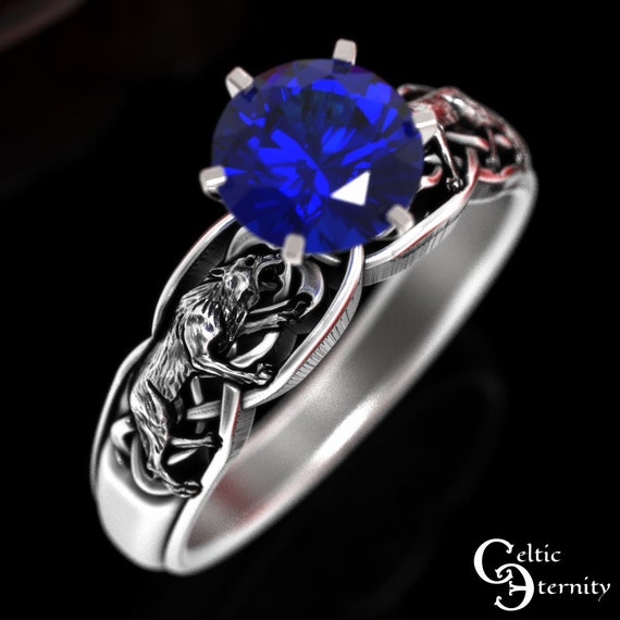 Sapphire Wolf Engagement Ring Sterling Wolf Engagement Ring - Etsy