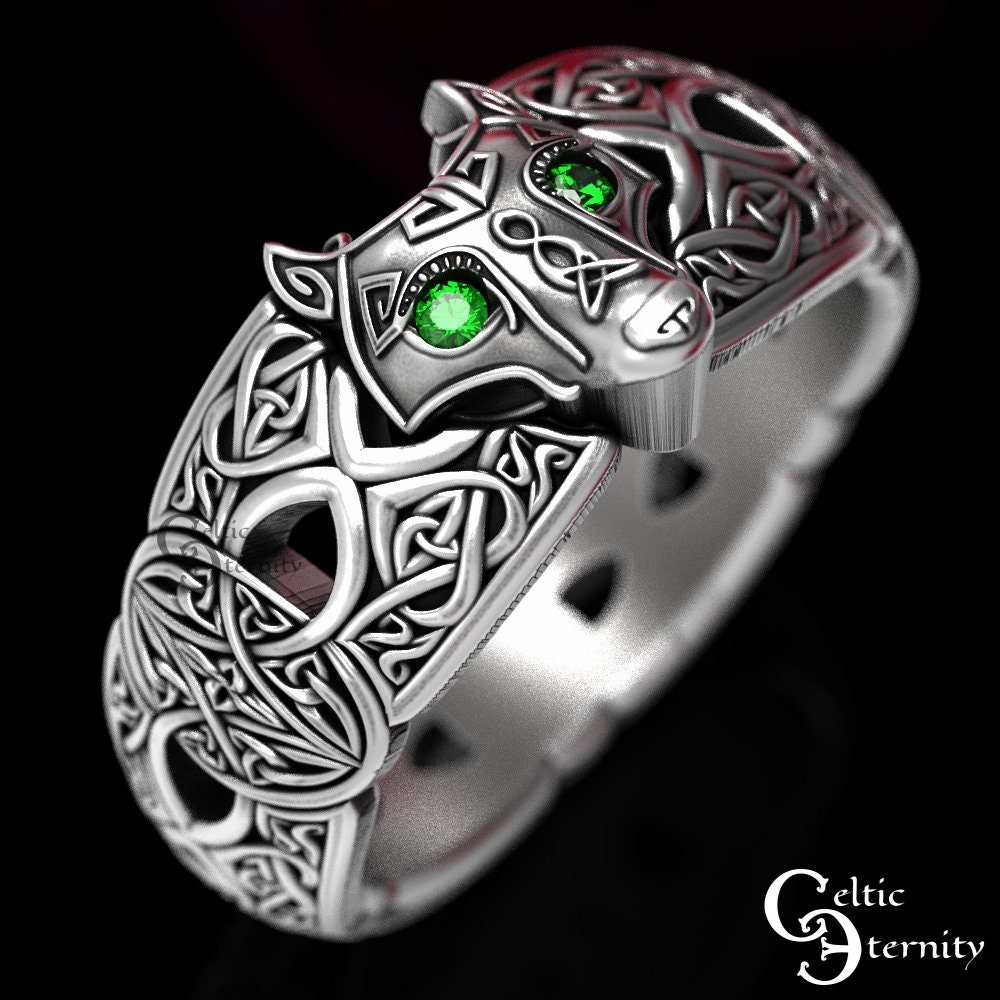 Celtic Wolf Ring Emerald Eye Wolf Ring Sterling Wolf Ring | Etsy