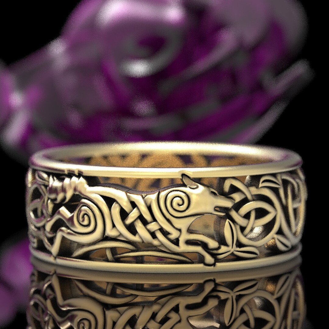 Gold or Platinum Celtic Wolf Ring, Mens Wolfkin Weave Wedding Ring ...