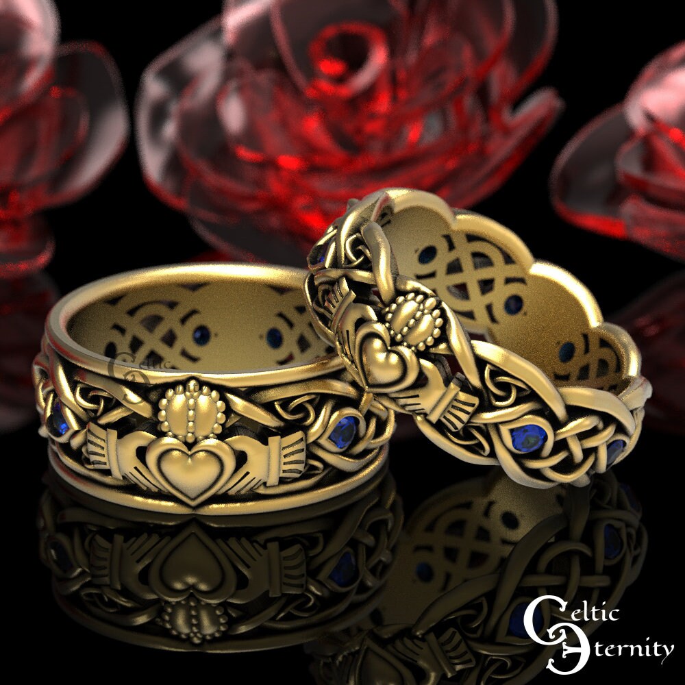 Gold Claddagh Ring with Sapphires, Modern Claddagh Wedding Ring, Celtic ...