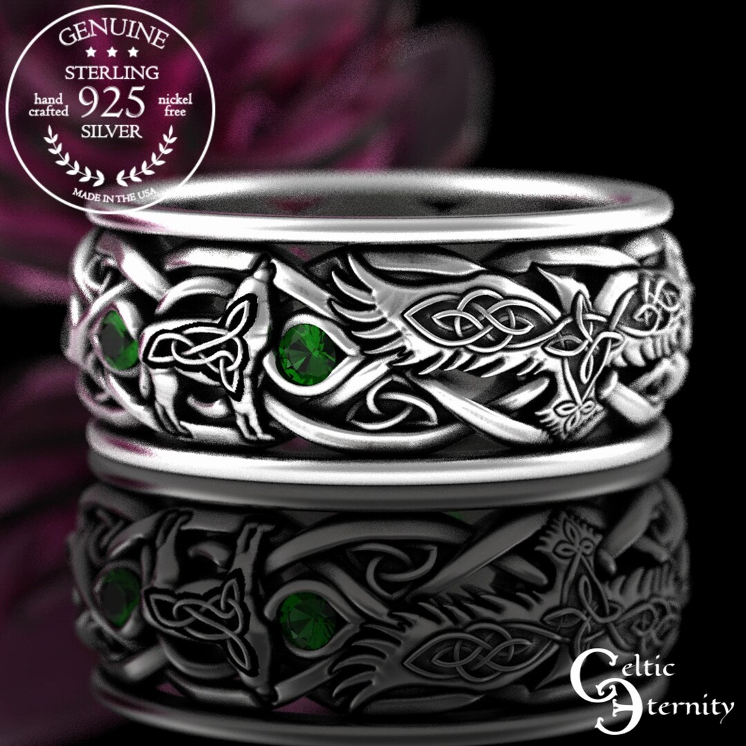 Sterling Raven & Wolves Wedding Ring, Mens Emerald Wolf Wedding Ring ...