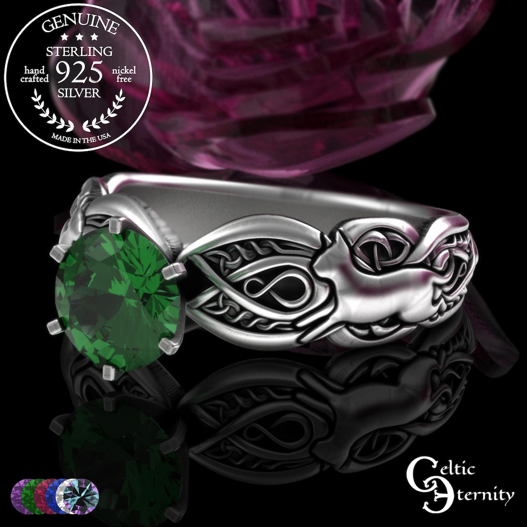 Emerald Cat Proposal Ring, Sterling Celtic Kitten Wedding Ring, Silver ...