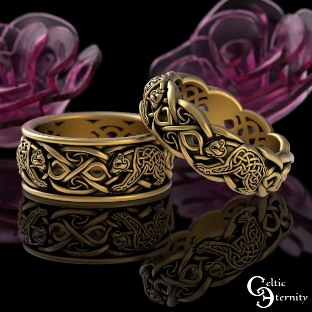 Gold Matching Bear Wedding Set, 10K His Hers Gold Celtic Wedding Bands ...