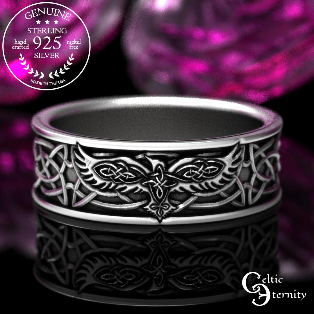 Sterling Celtic Raven Ring, Raven Wedding Band, Mens Wedding Band, Mens ...
